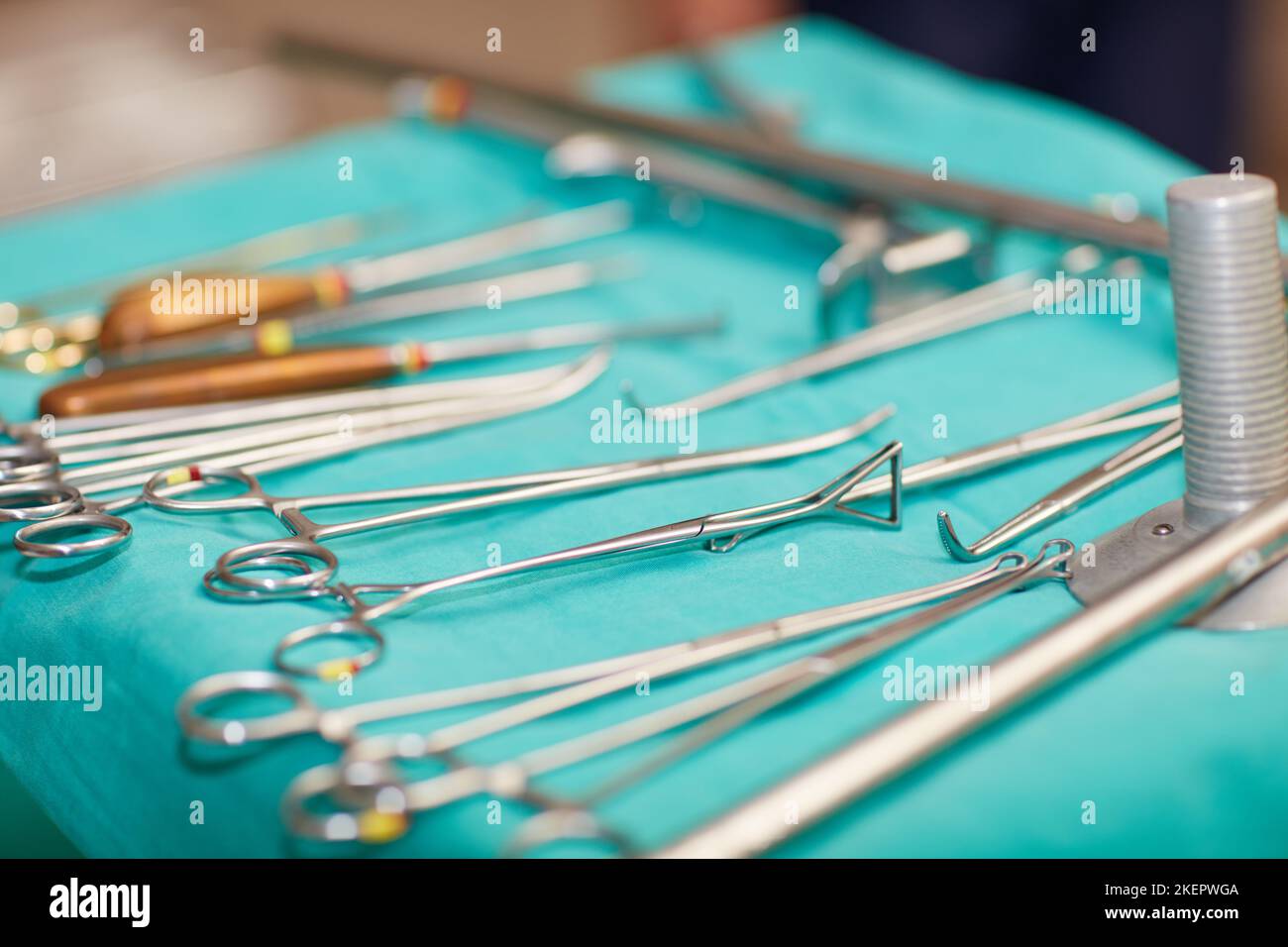 Life saving instruments. a variety of surgical instruments on a table ...