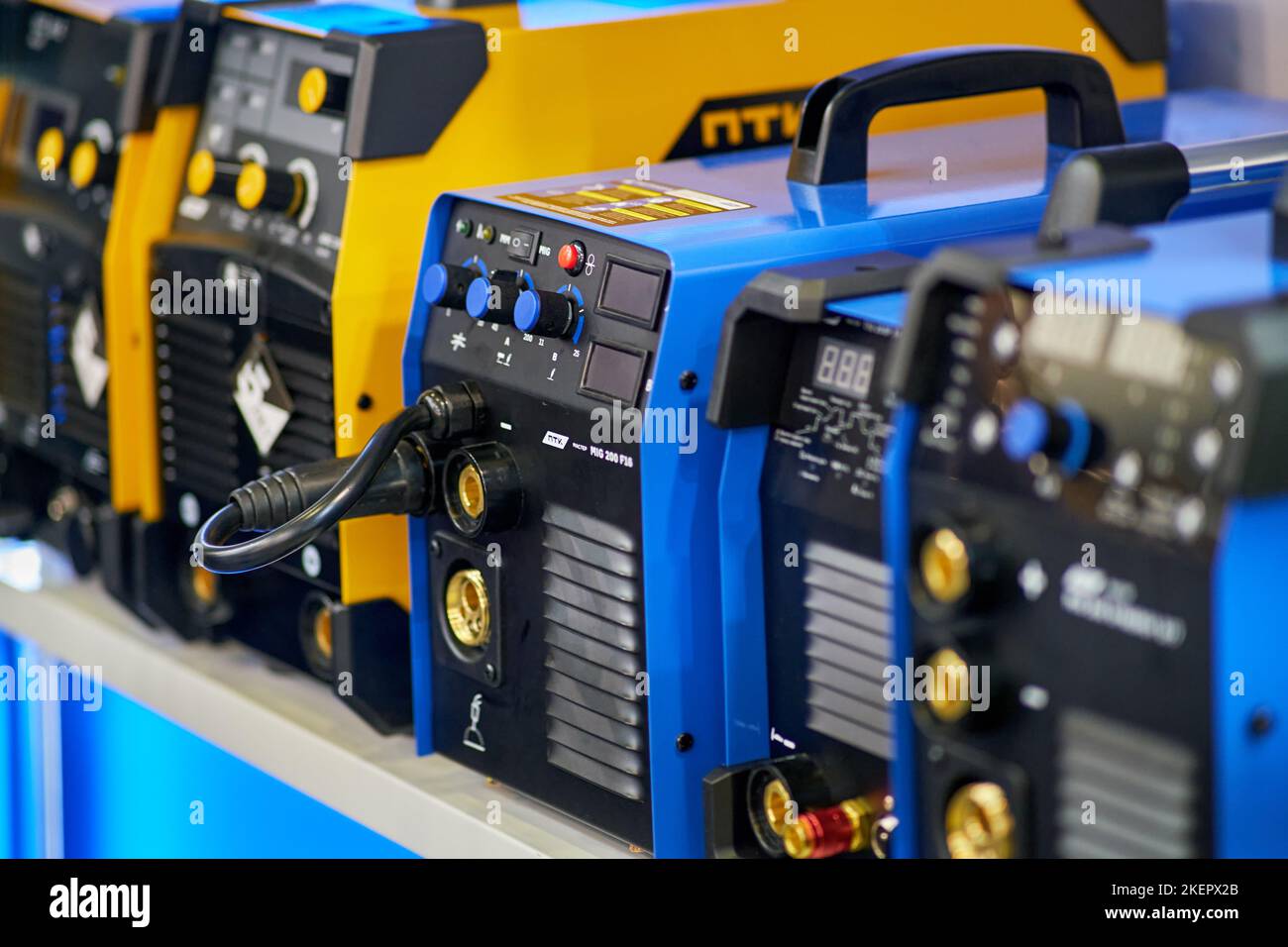 Welding machines on the shelf of the store. Sale of welding equipment ...