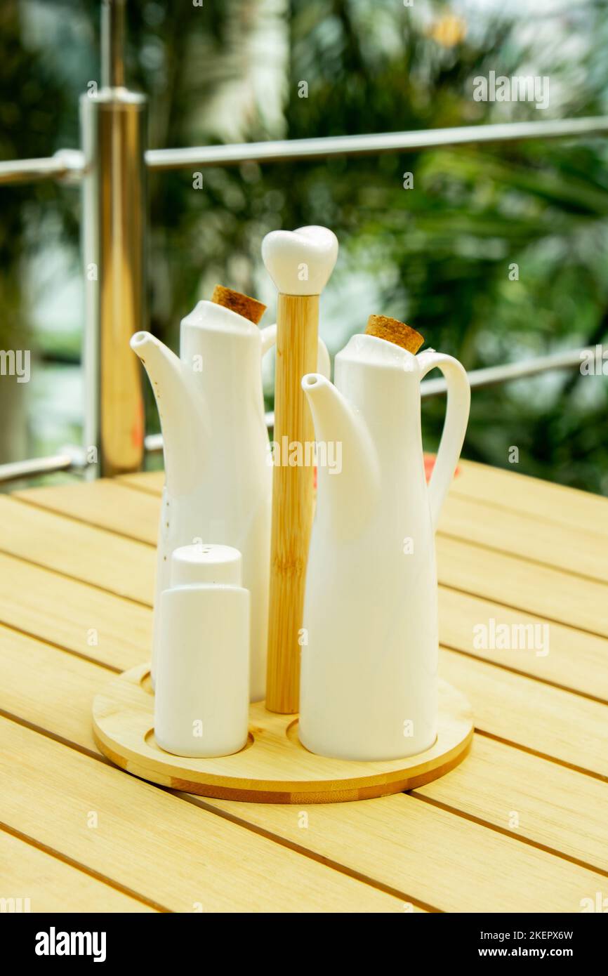 Hotel restaurant table setting with cute decoration salter. Salt and ...