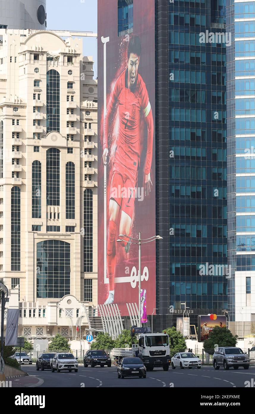 14th Nov, 2022. World Cup atmosphere A giant photo of South Korean midfielder Son Heung-min is ...