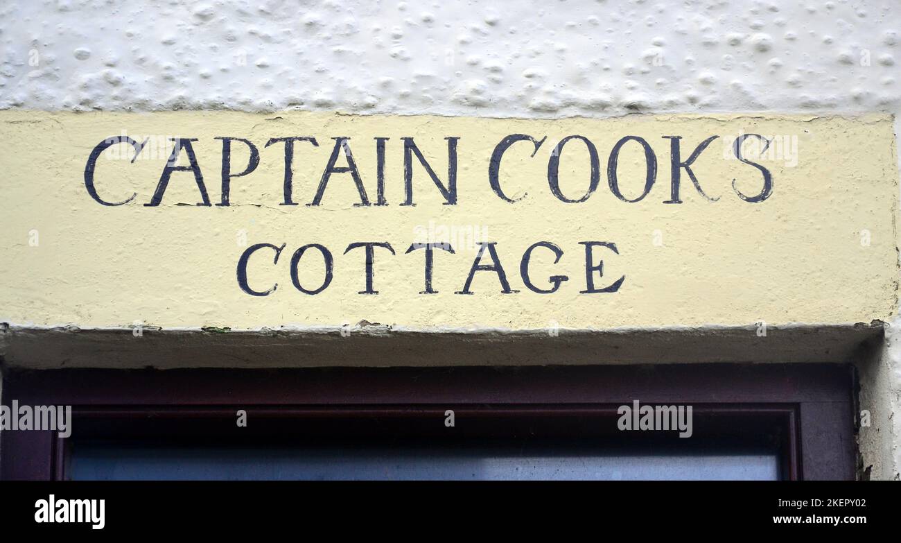 Exterior sign on Captain Cooks Cottage in Staithes, Yorkshire, UK Stock ...
