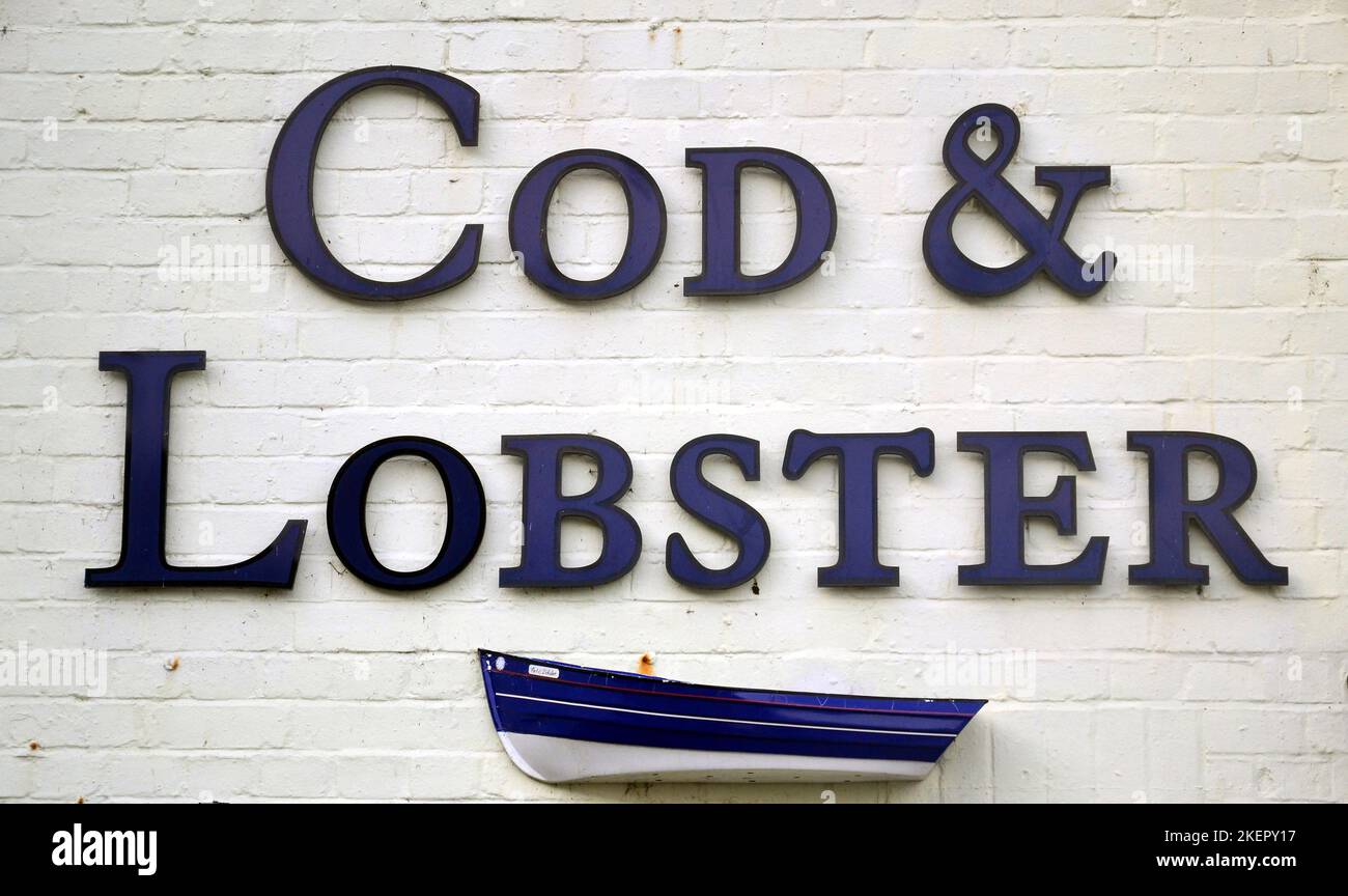 Exterior sign says on Cod & Lobster public house and restaurant or pub ...