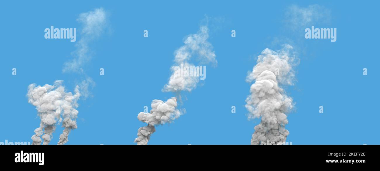 3 grey carbon smoke columns from power plant or factory on blue ...