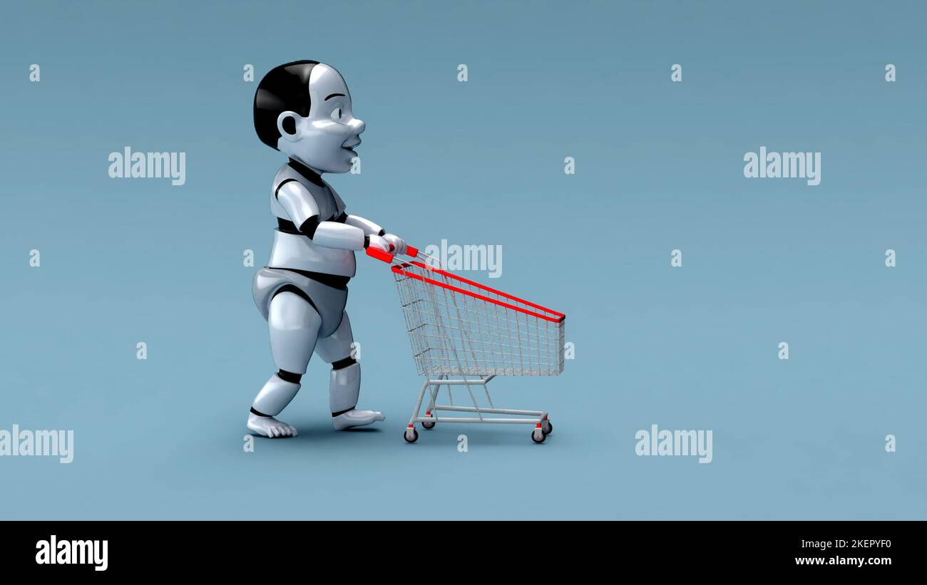 Fun 3D cartoon baby robot shopping Stock Photo - Alamy