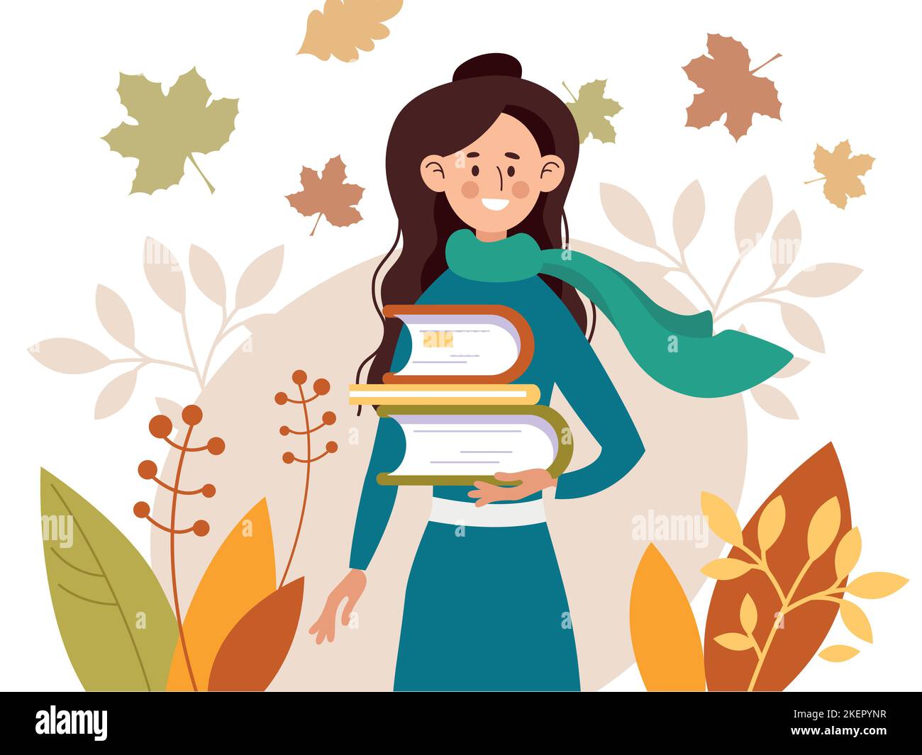 Positive student with books on a background of leaves. Fashionable ...