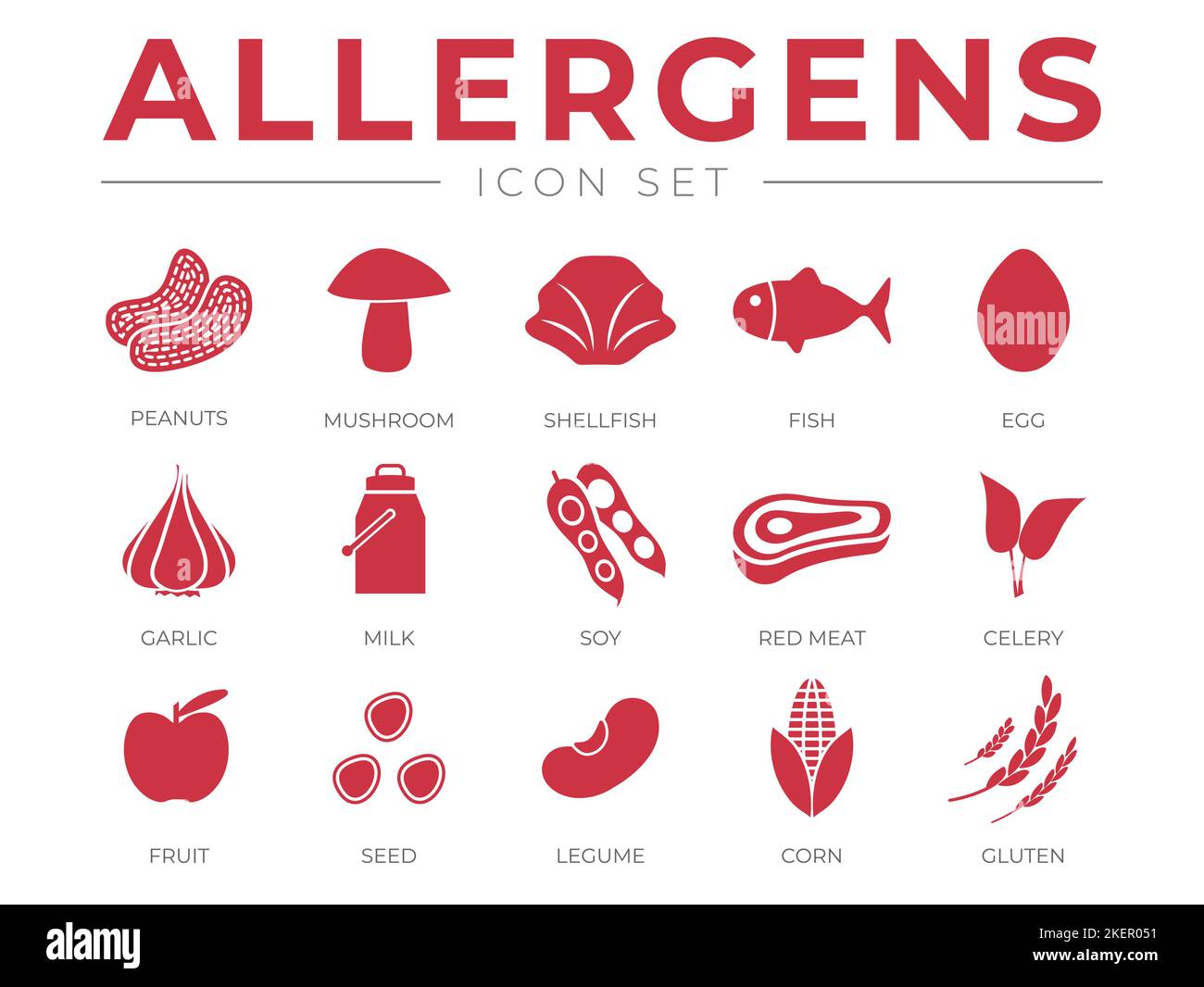 Allergens Icon Set. Peanuts, Mushroom, Shellfish, Fish, Egg, Garlic ...