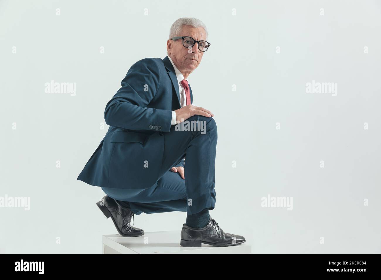 handsome elegant man with grizzled hair in suit crouching and touching ...