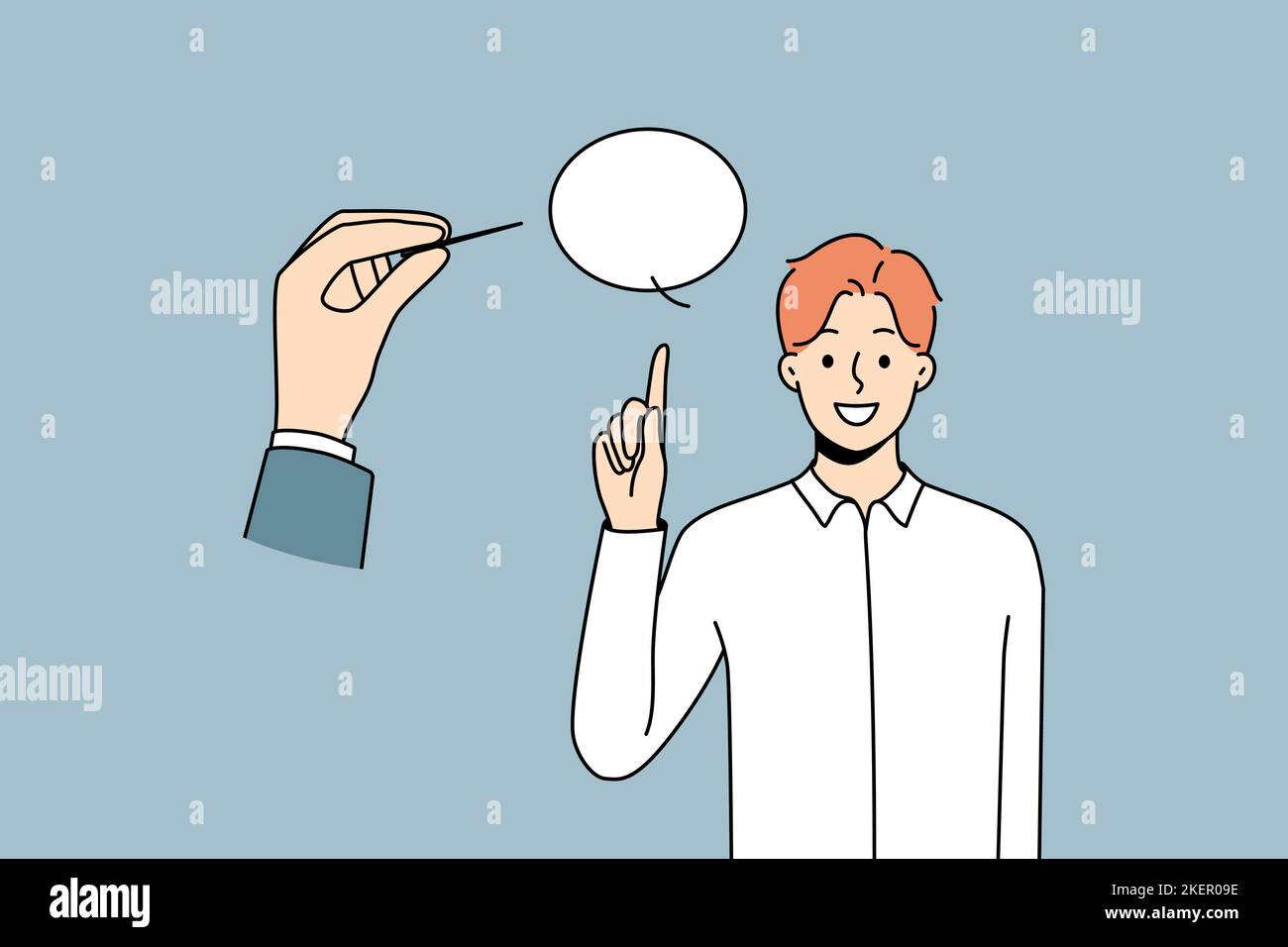 Huge hand pierce speech bubble reject comments or arguments. Person ...