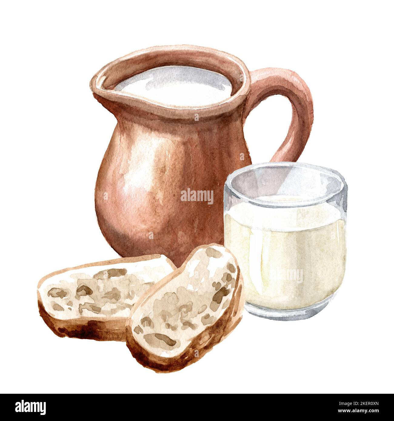 Cream milk and a piece of bread. Hand drawn watercolor illustration ...