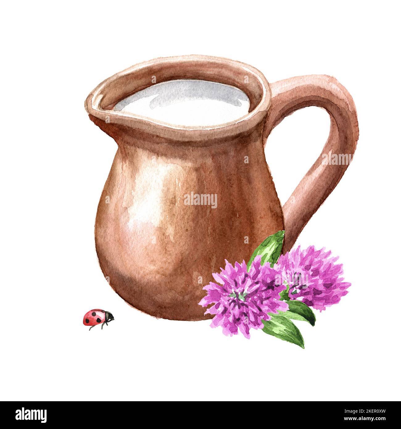 Cream milk in a jug. Hand drawn watercolor illustration isolated on ...