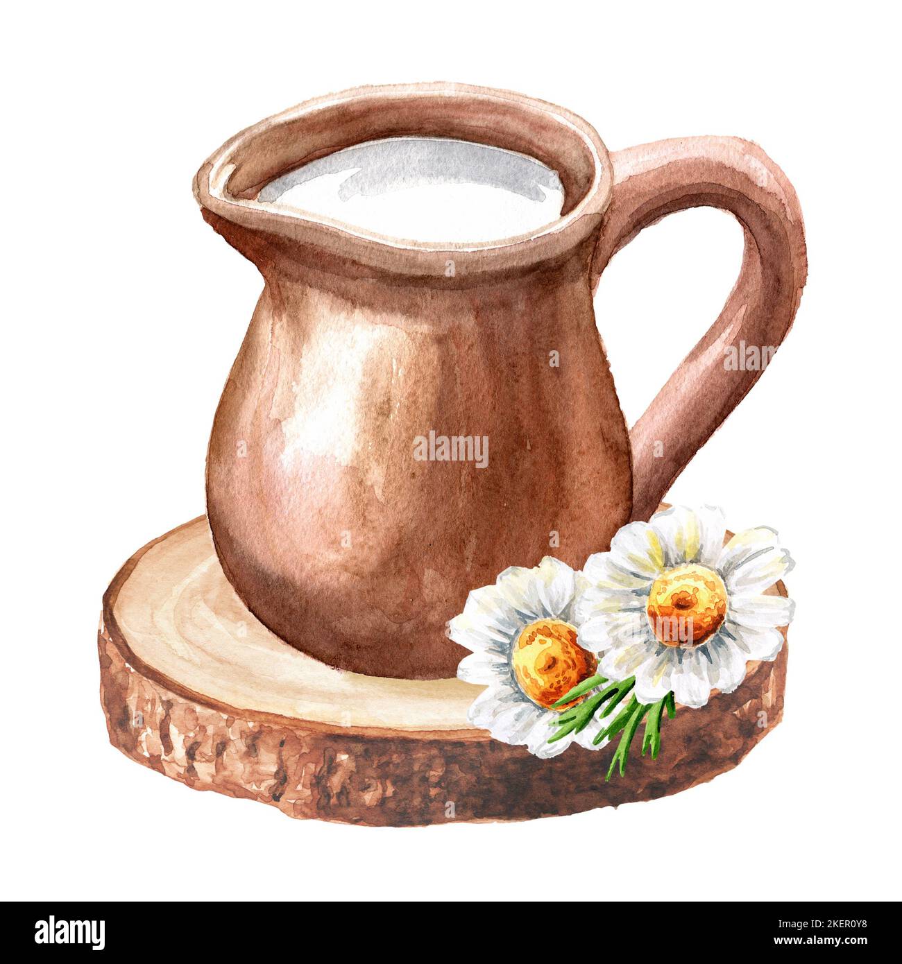 Cream milk in a jug. Hand drawn watercolor illustration, isolated on ...