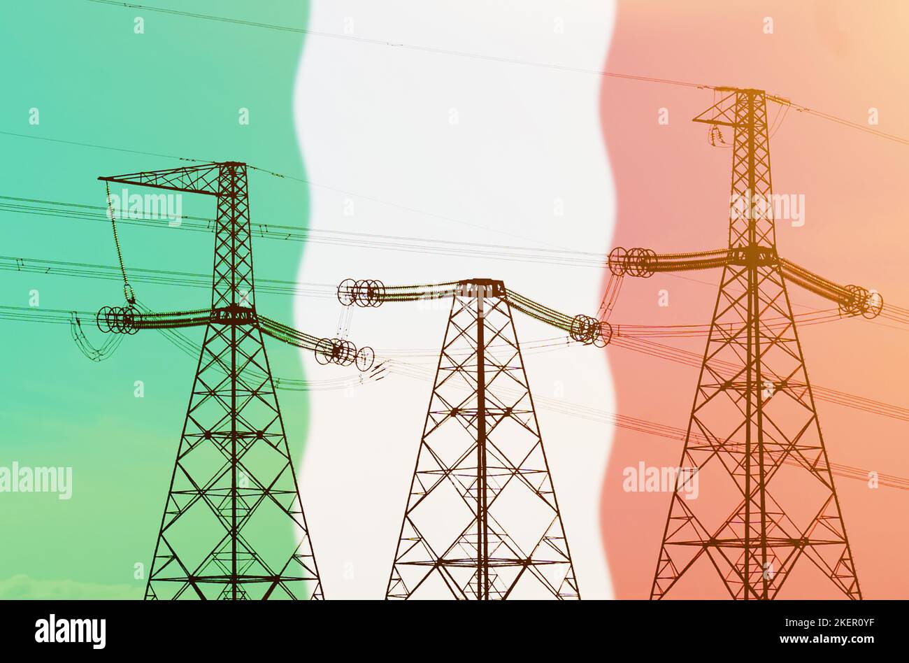 Industry and energy concept. Double exposure - power line, tower and ...