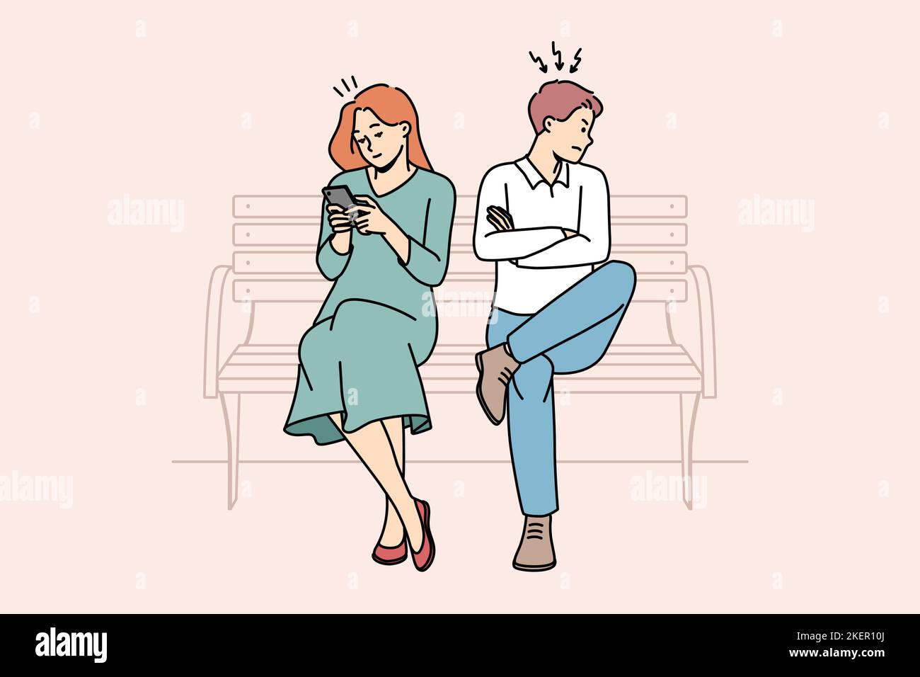 Angry man mad at busy woman using cellphone texting or messaging online ...