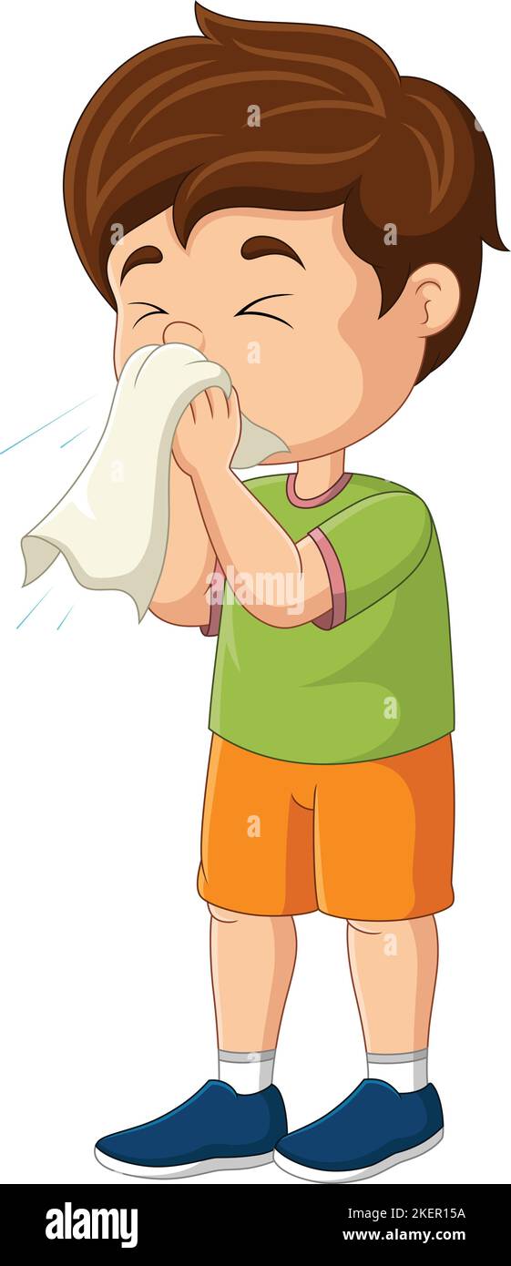 Cute little boy sneezing with blowing nose into tissue paper Stock ...
