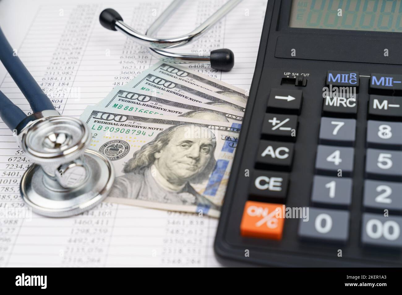 Stethoscope over dollars, calculator and papers. Banking business ...