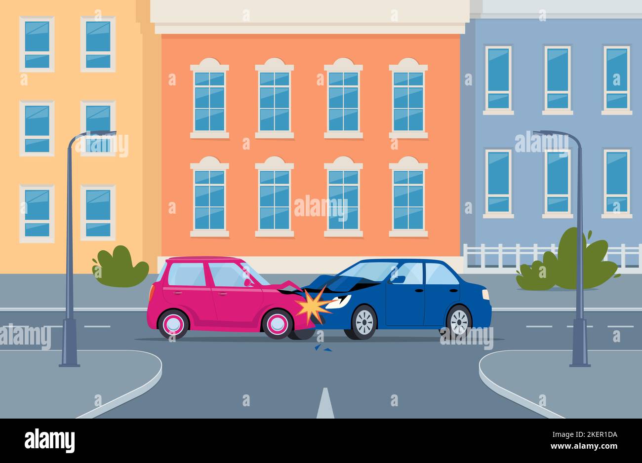 Car accident. Damaged transport on city street. Collision of two cars ...