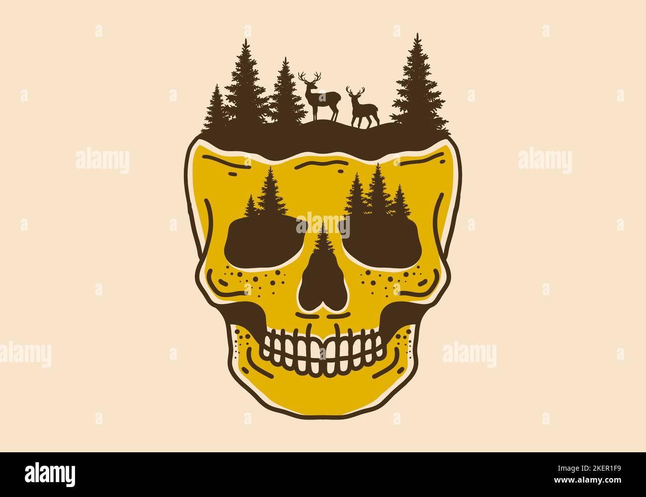Vintage art illustration design of skull, pine trees and deer Stock ...