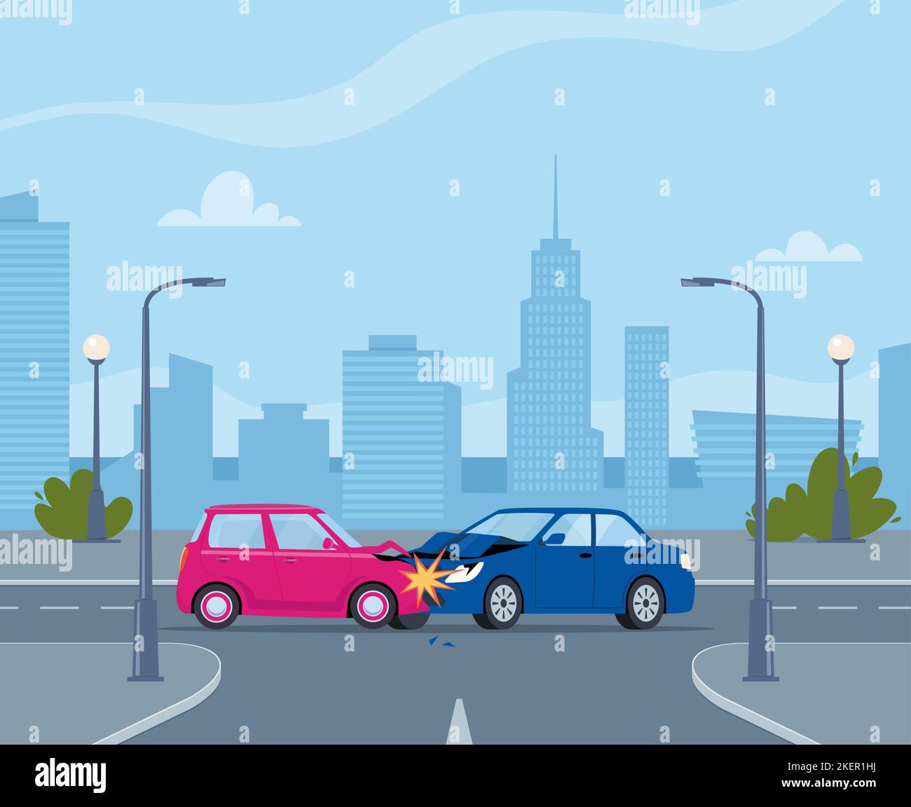 Car accident. Damaged transport on city street. Collision of two cars ...