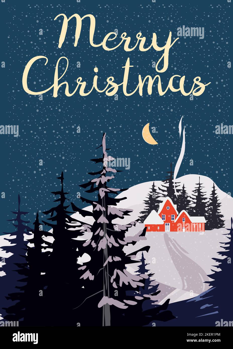 Winter village rural winter snow landscape night, retro. Merry ...