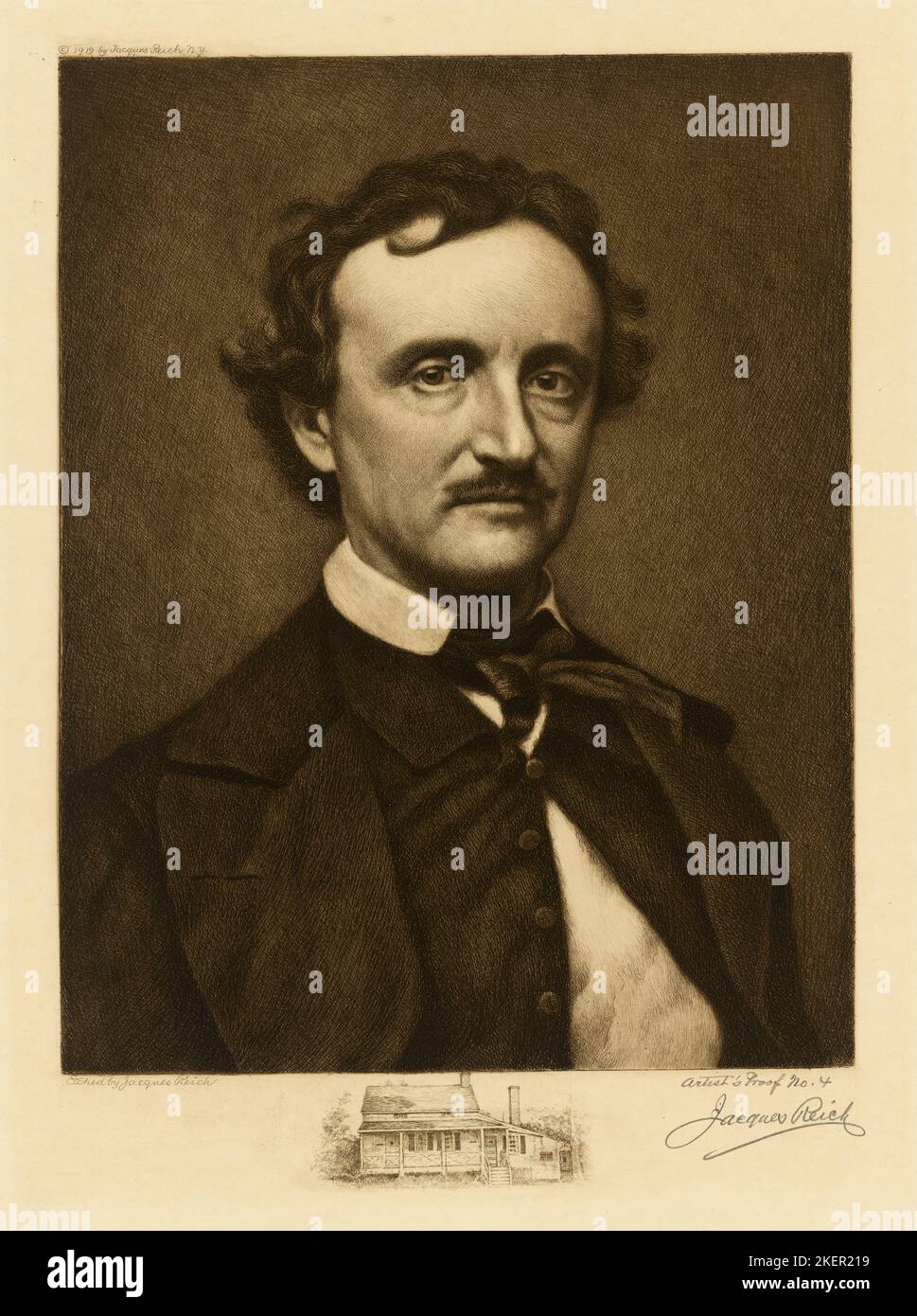 Portrait of Aerican writer and poet Edgar Allan Poe, etching 1919 ...