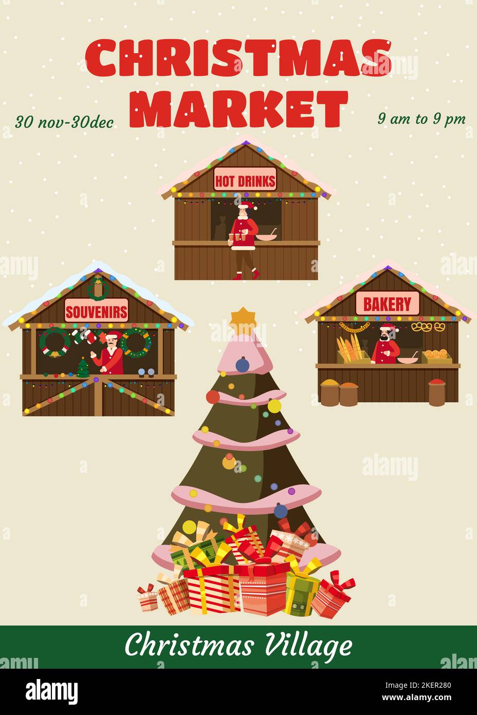 Christmas market poster. Xmas fair card with decorated Christmas tree ...