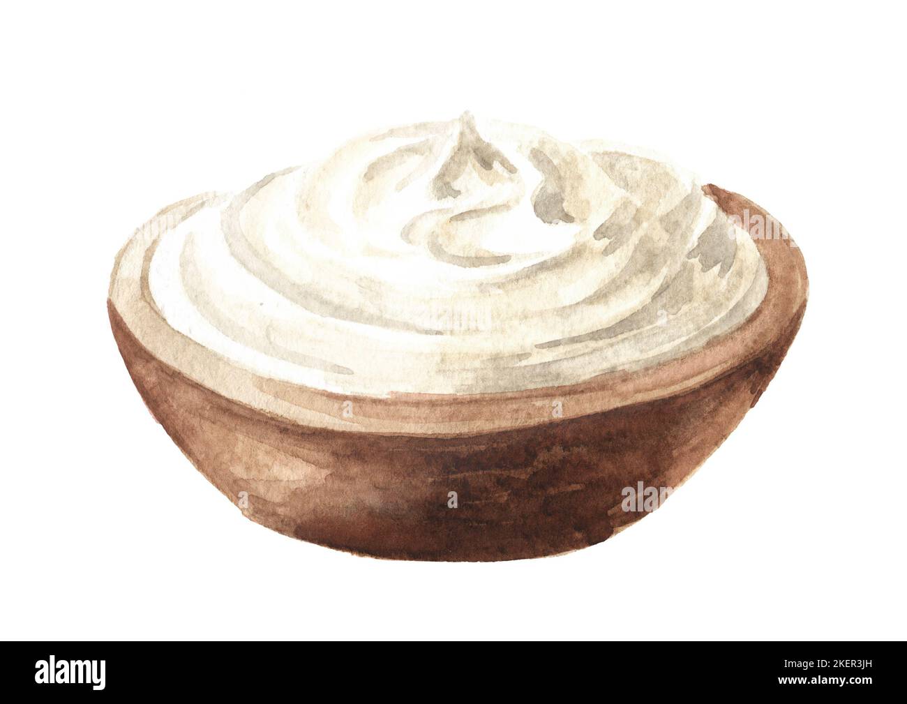 Sour cream in a wooden bowl. Hand drawn watercolor illustration ...