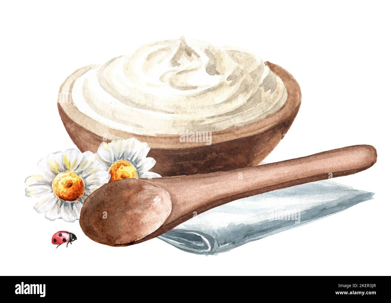 Sour cream in a wooden bowl. Hand drawn watercolor illustration ...