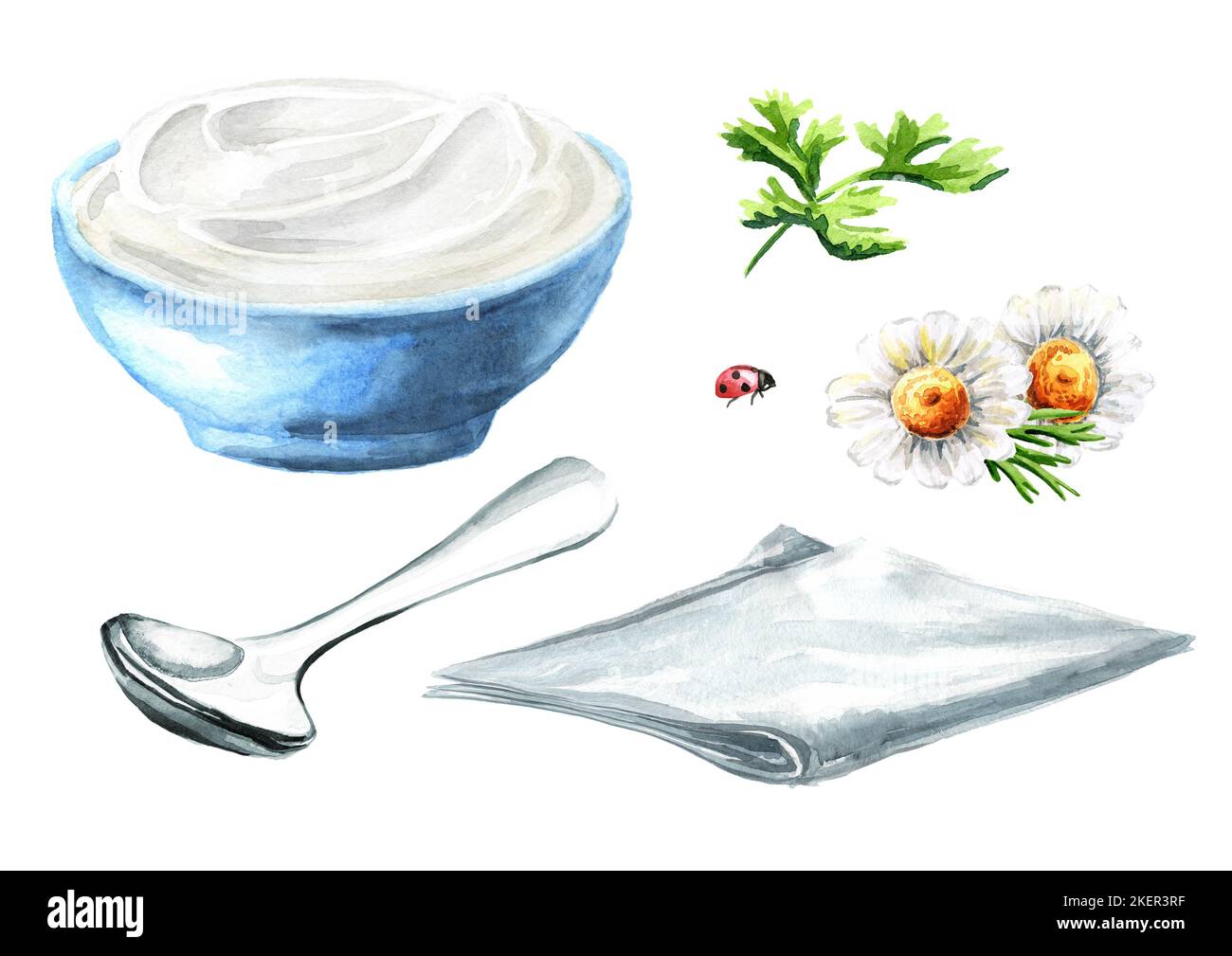 Sour cream set. Hand drawn watercolor illustration, isolated on white ...