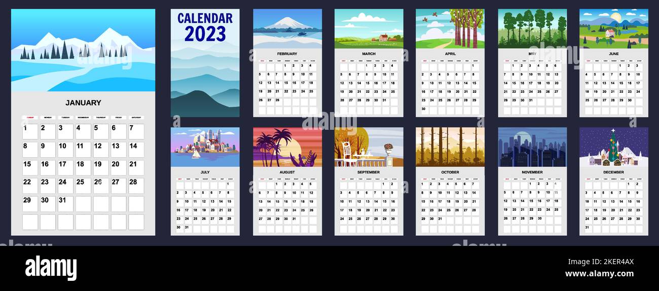 Calendar 2023 landscape natural backgrounds of four seasons Stock ...