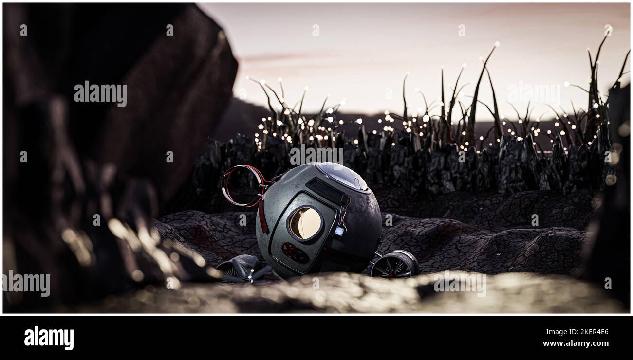 space capsule stuck on a desolated planet 3d illustration Stock Photo ...