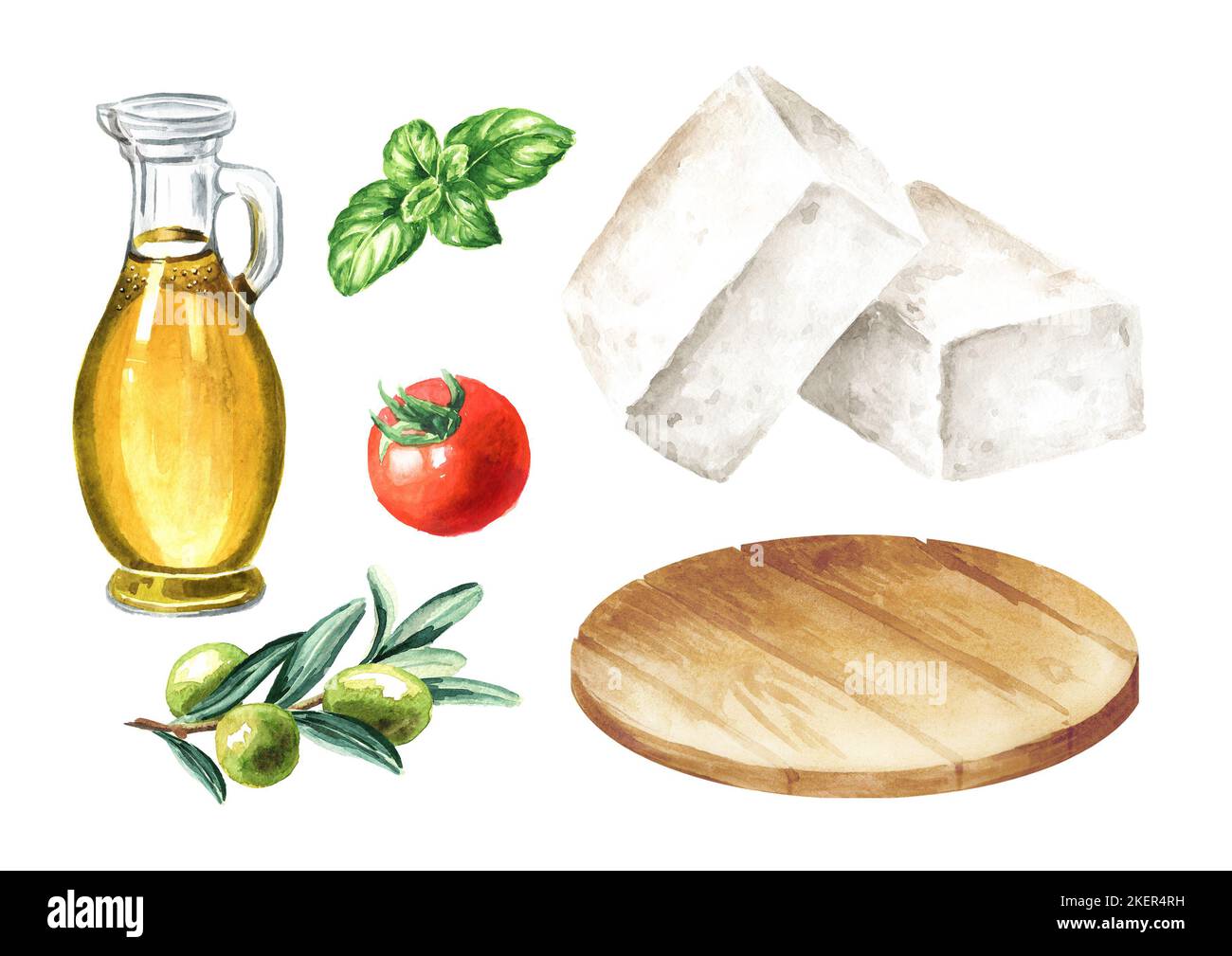 White brine cheese with olive oil and tomatoes set. Hand drawn ...