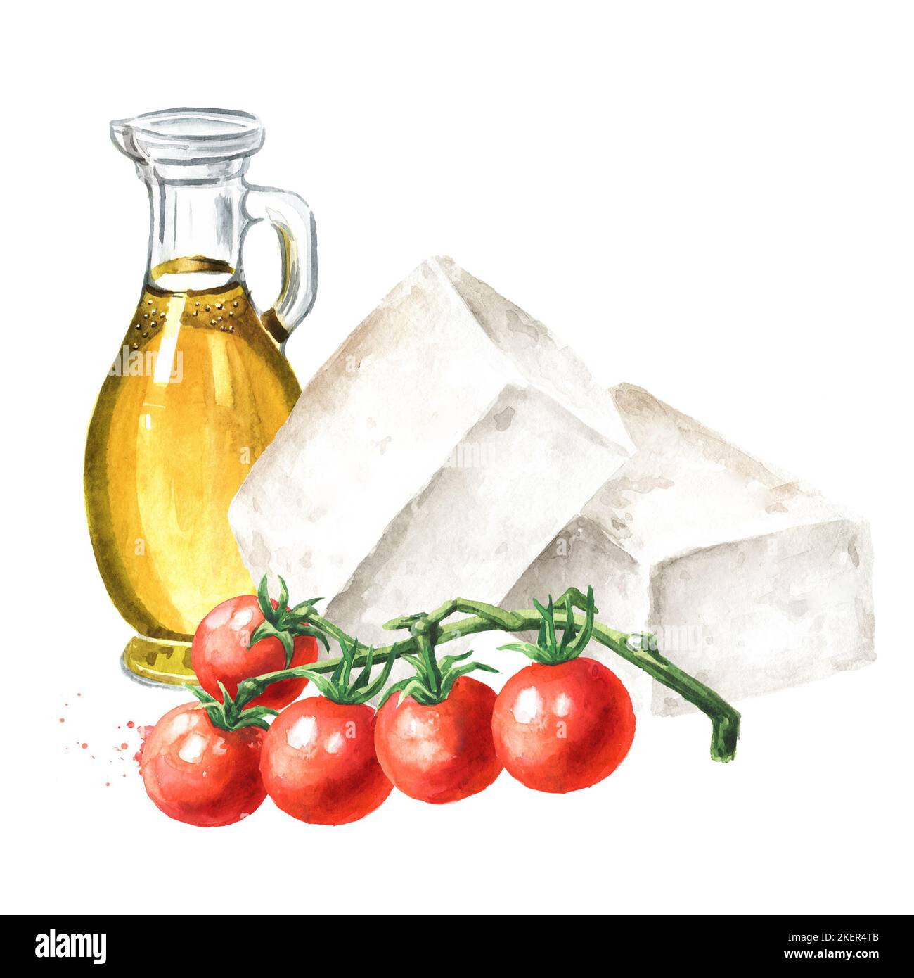 White brine cheese with olive oil and tomatoes. Hand drawn watercolor ...