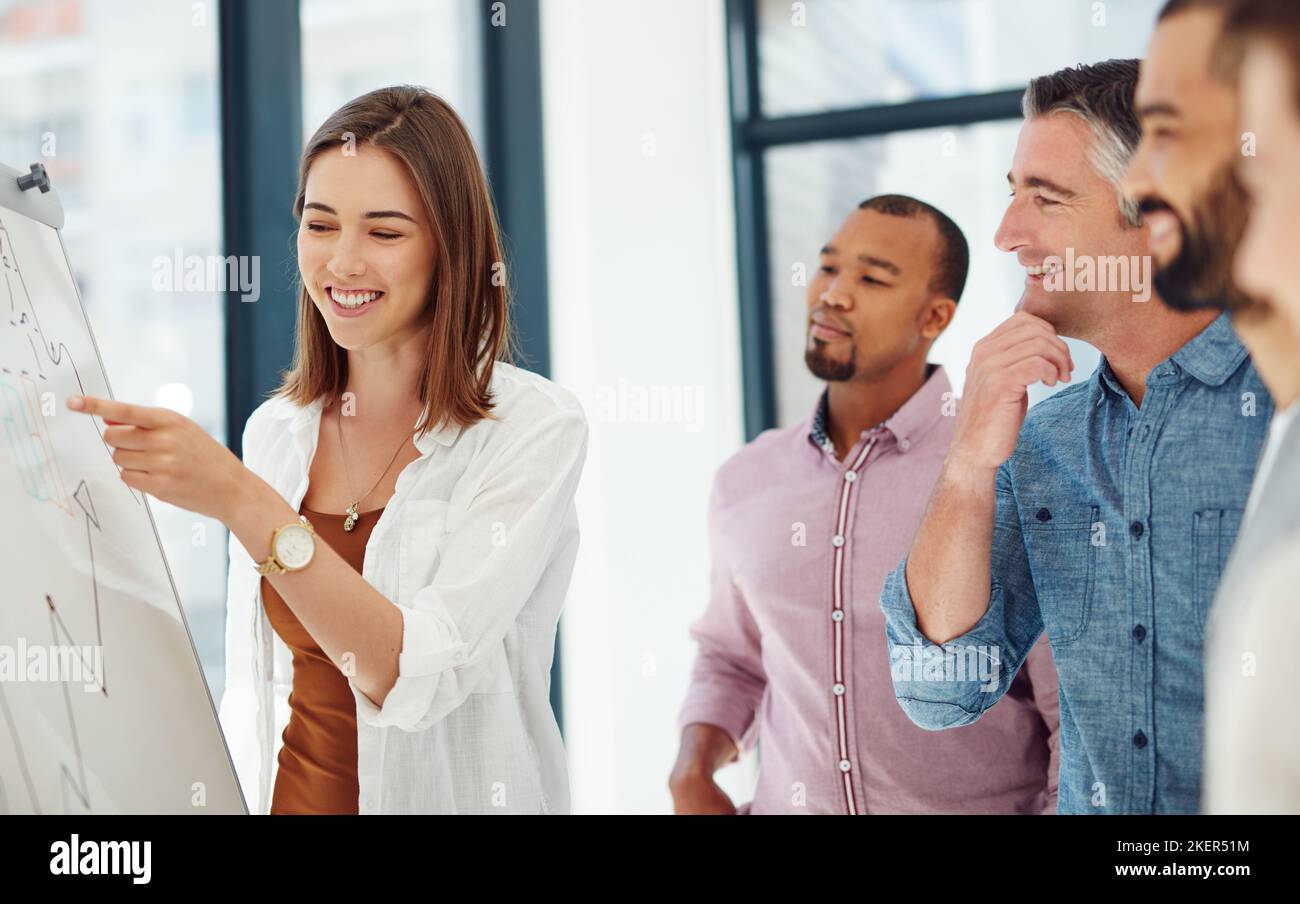 Pointing to the important parts. four businesspeople working at a ...