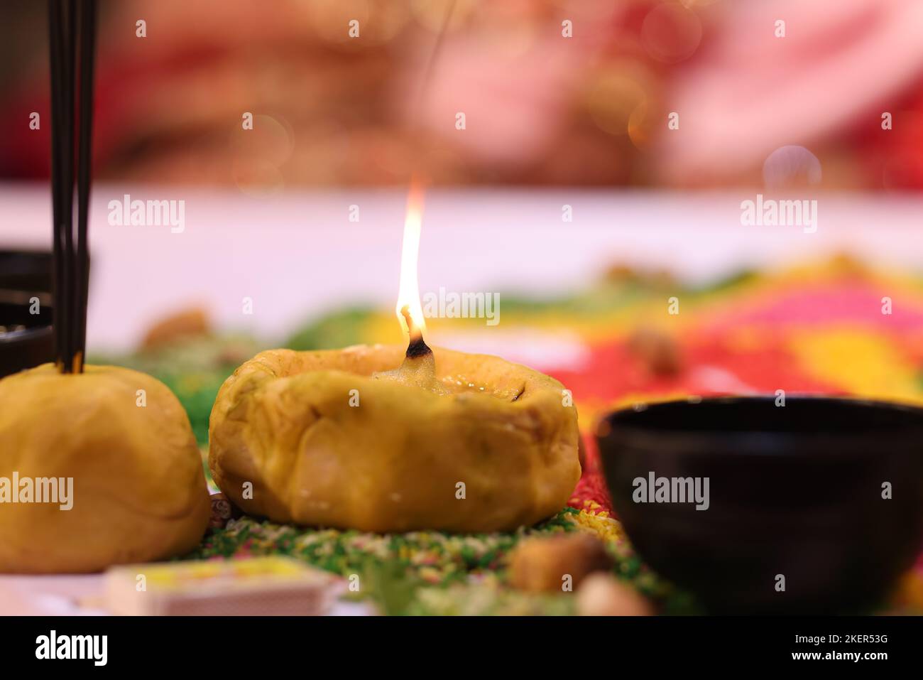 Beautifully Decorated Pooja Thali, haldi or turmeric powder and kumkum ...