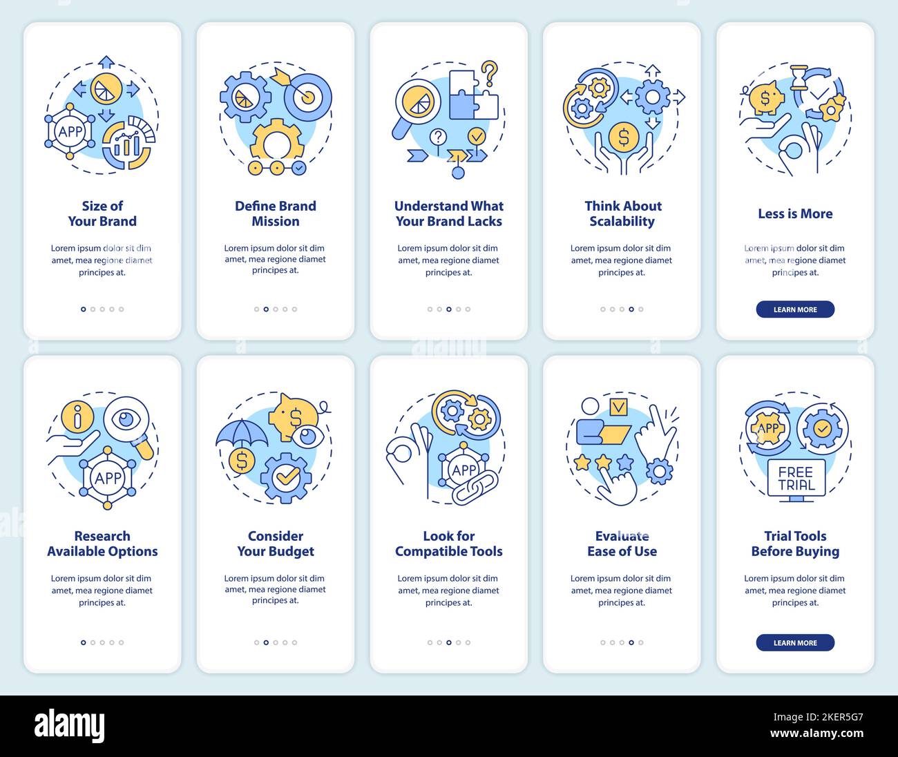 Choosing business tools tips onboarding mobile app screen set Stock ...