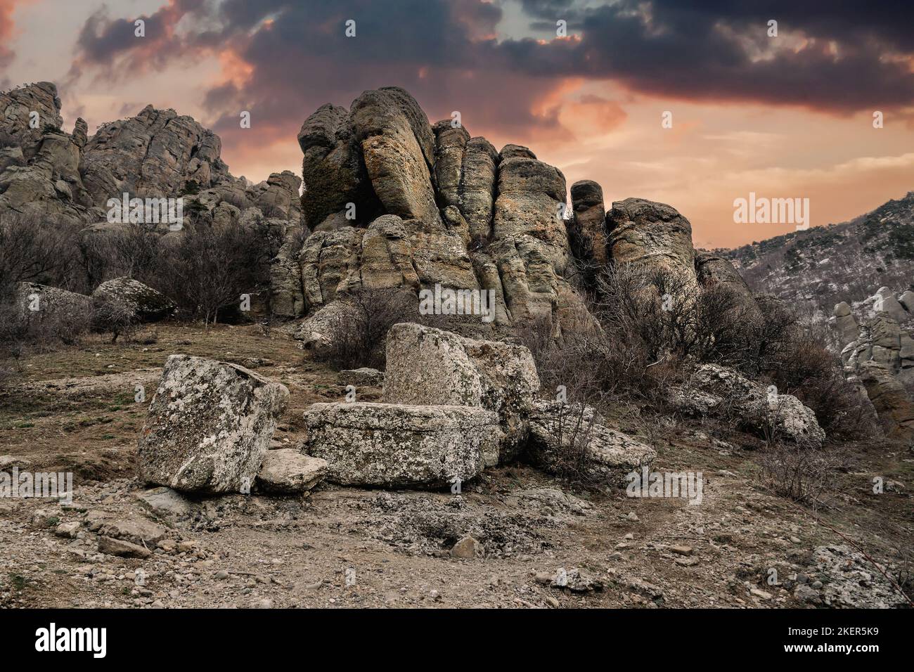 Bizarre rocks of Valley of ghosts on Mount Demerdzhi in early spring ...