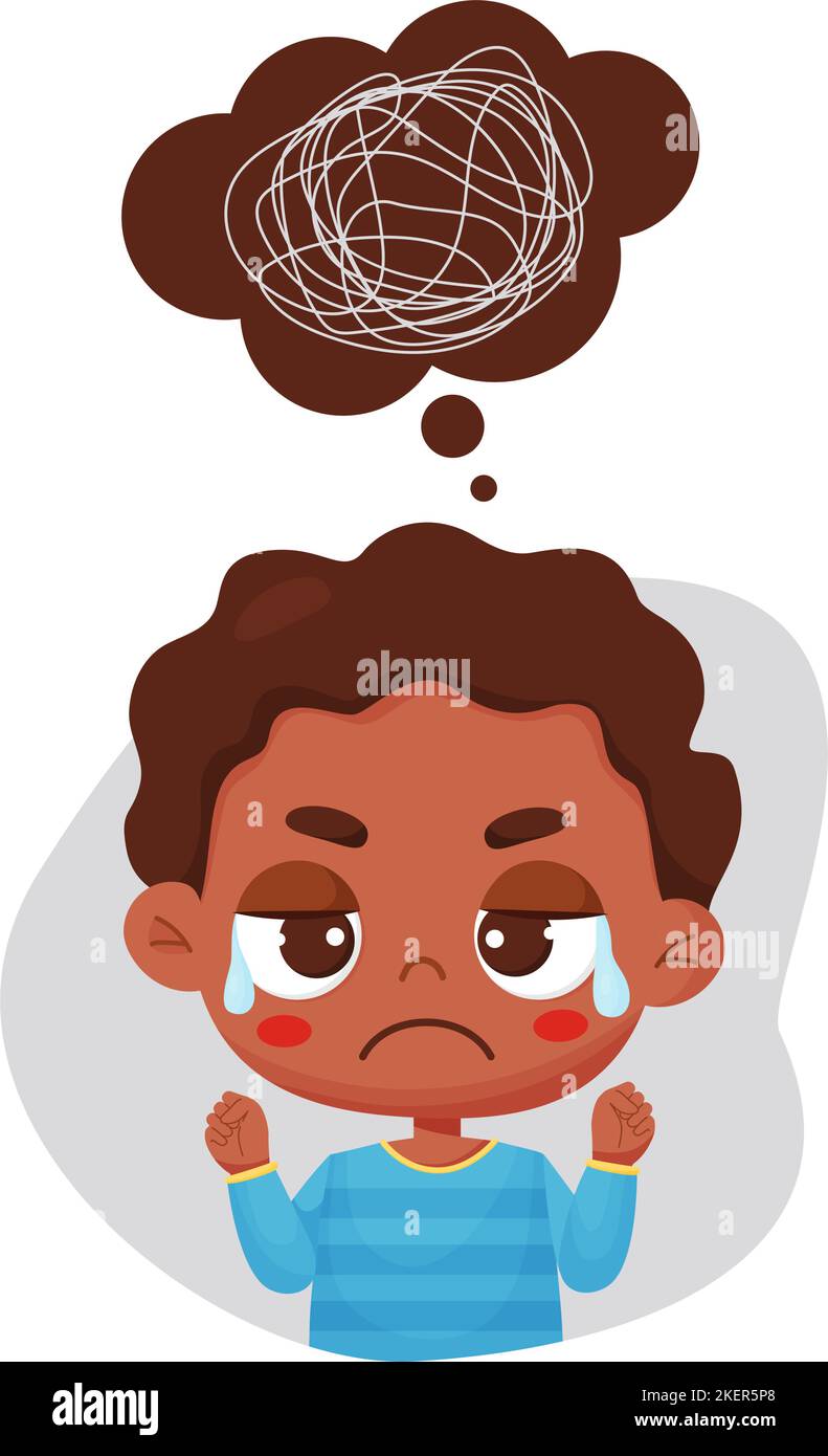 Sad crying black ethnic boy and bubble with confused thoughts, search ...