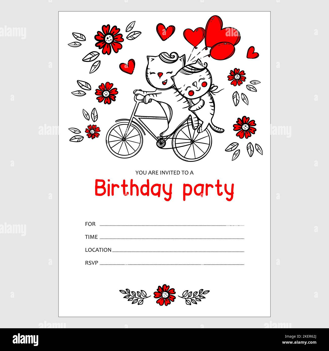 BOY INVITES BIRTHDAY Cat And Kitten Ride On Bicycle Holding Red Heart ...