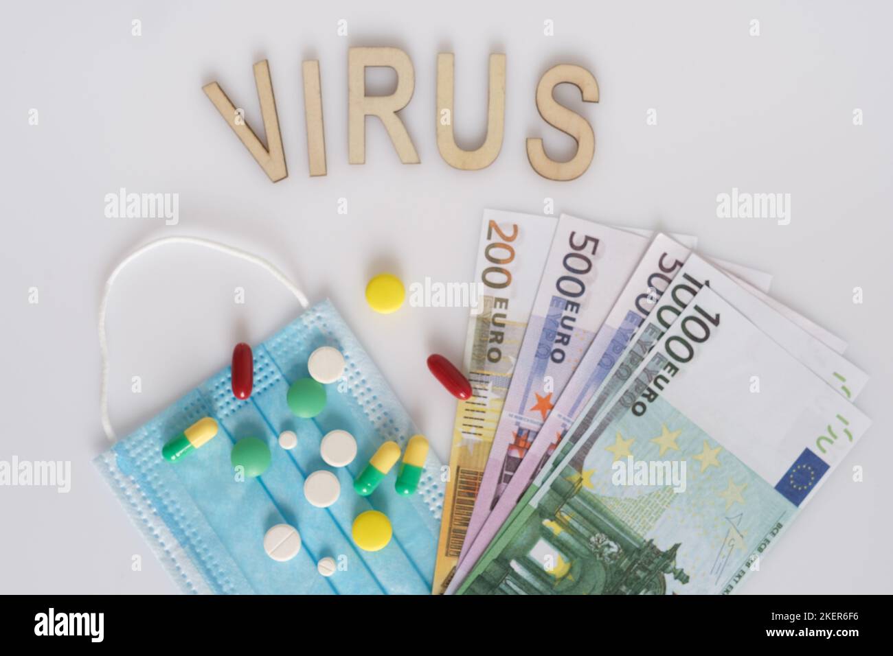 The inscription Virus , dollars, medical mask, surrounded by drugs and ...