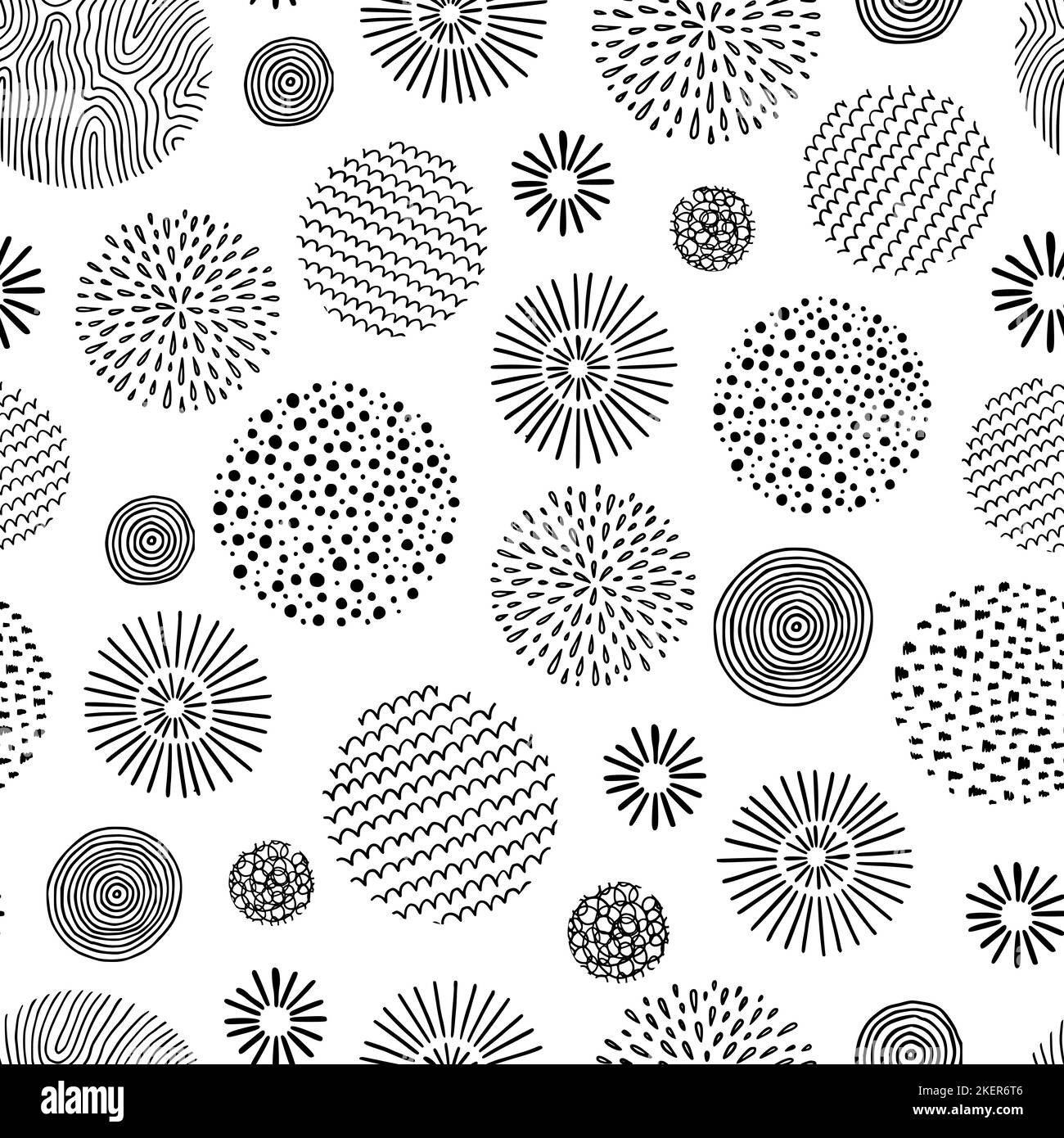 Hand Drawn Black White Circle Seamless Pattern Doodle Style Abstracrt Textured Scribble