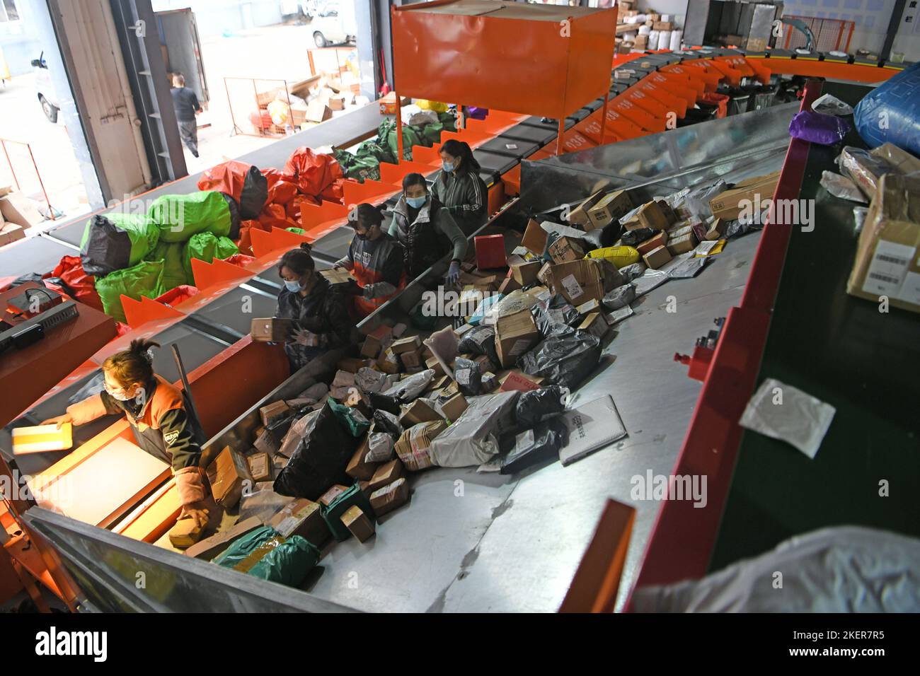 The Shunfeng Express workers are sorting parcels in the warehouse ...