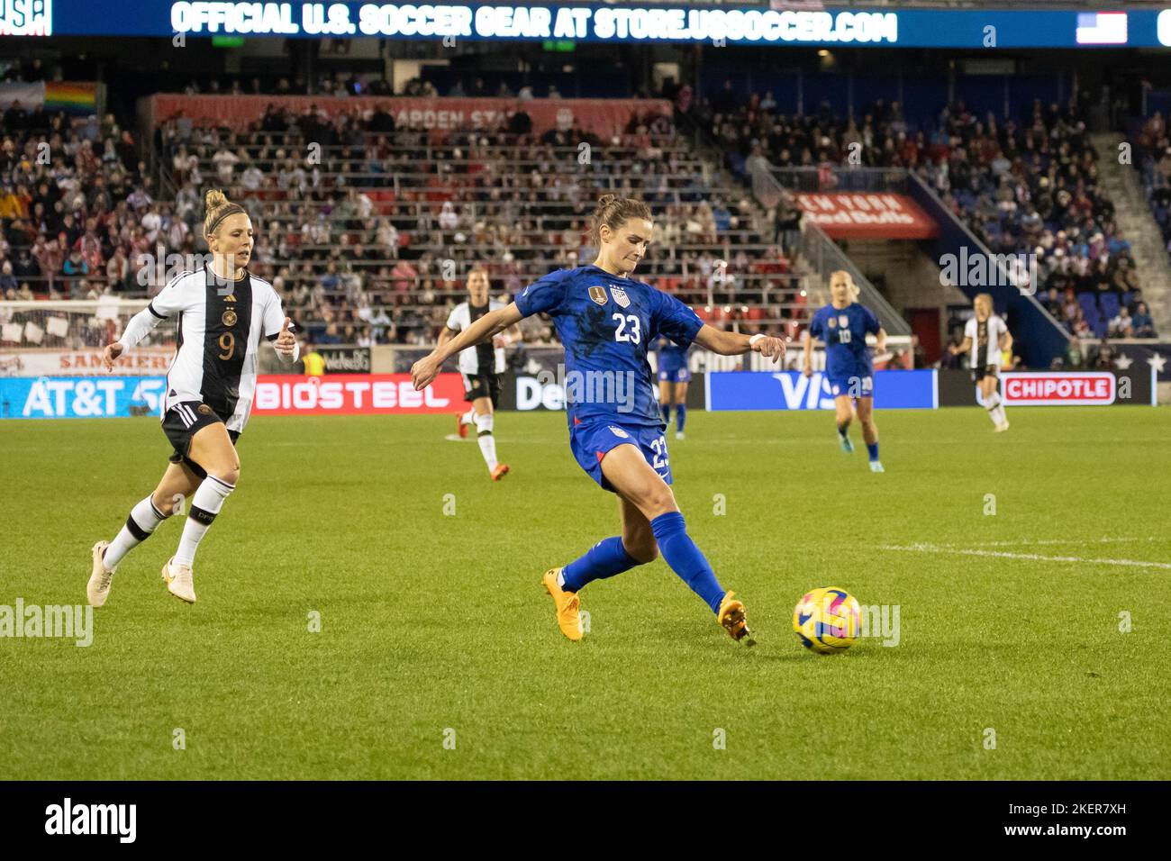 Emily Fox (23) of USWNT controls ball during friendly match against ...