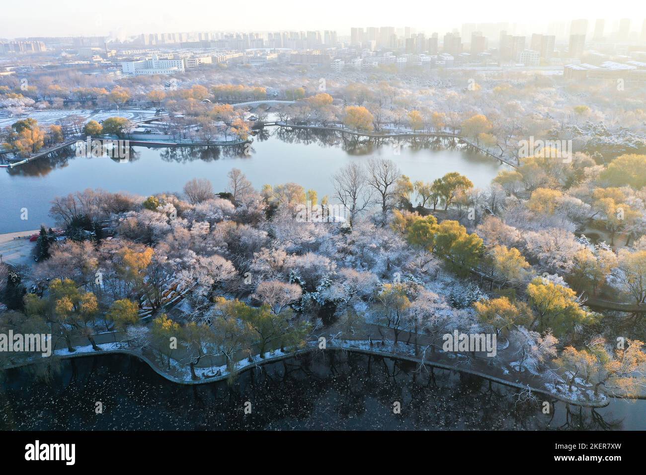 Aerial photo shows the beautiful scenery of Beiling Park after snow in ...