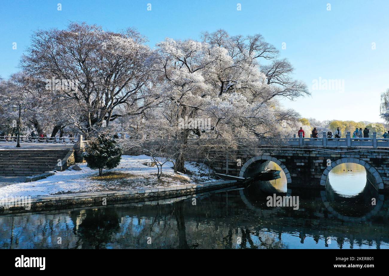 Aerial photo shows the beautiful scenery of Beiling Park after snow in ...