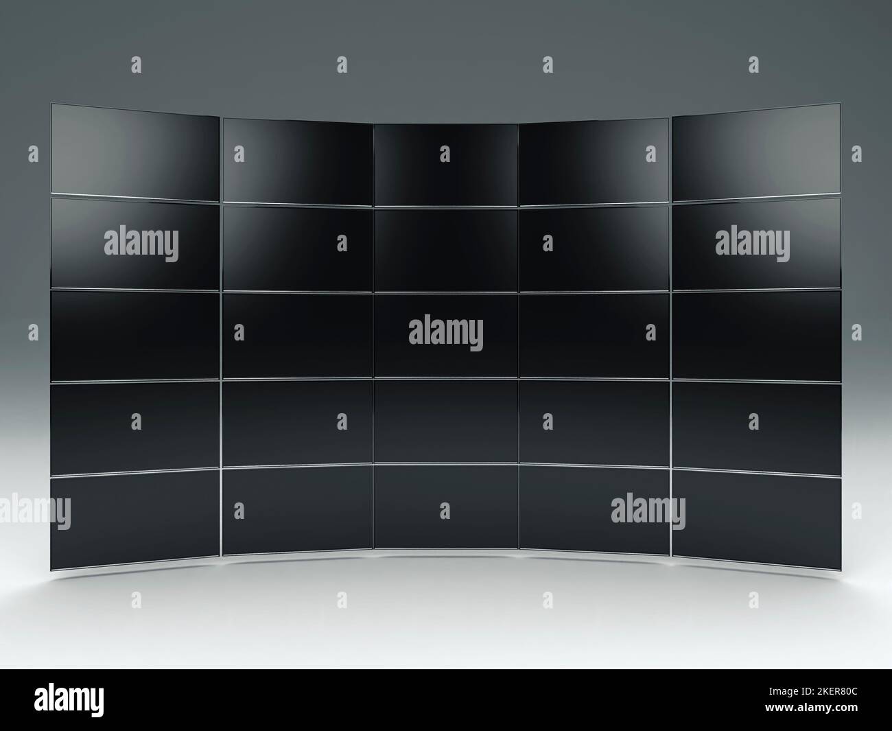 A wall of black flat screen television laid out in a curved shape on an ...