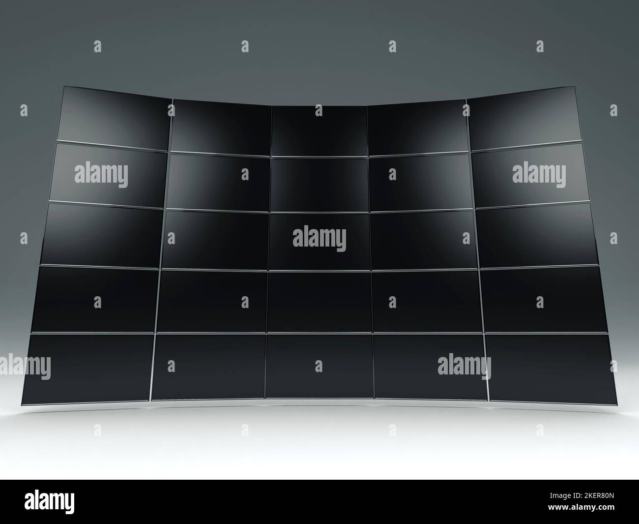 A wall of black flat screen television laid out in a curved shape on an ...