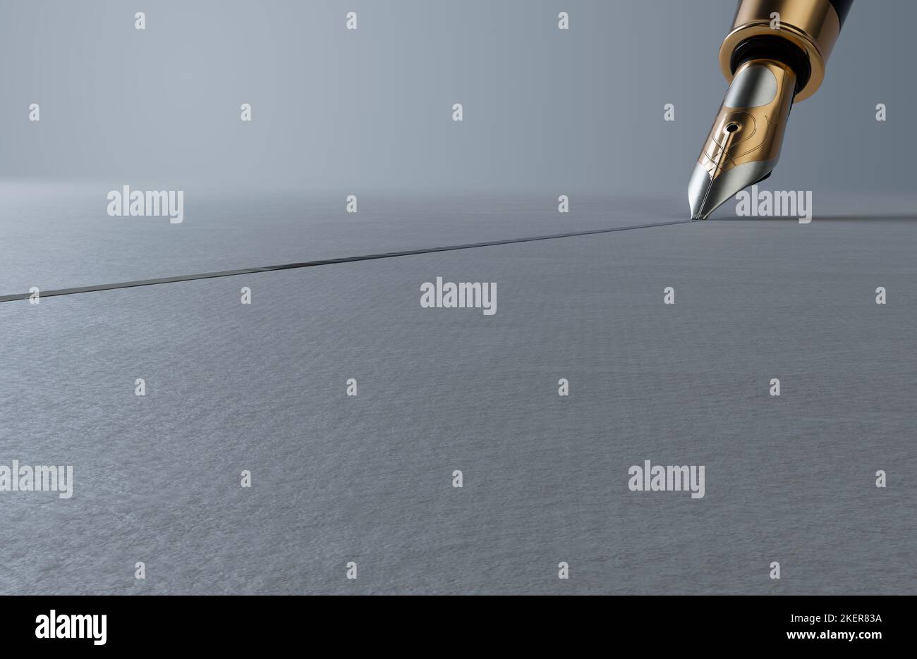 A closeup view of an ornate fountain pen drawing a straight ink line on ...