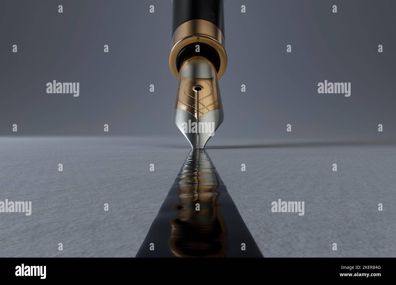 A closeup view of an ornate fountain pen drawing a straight ink line on ...