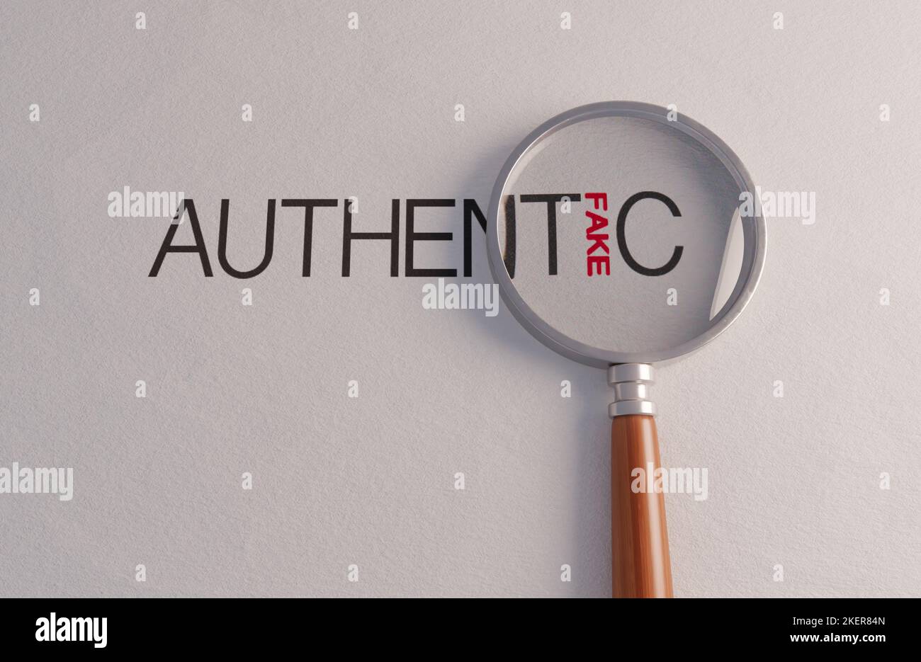 A counterfeit concept of a magnifying glass on a textured white surface ...