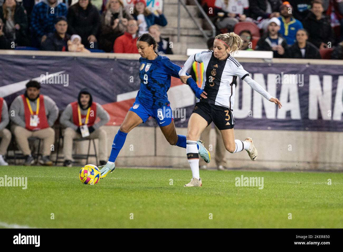 Mallory Pugh (9) of USWNT controls ball during friendly match against ...